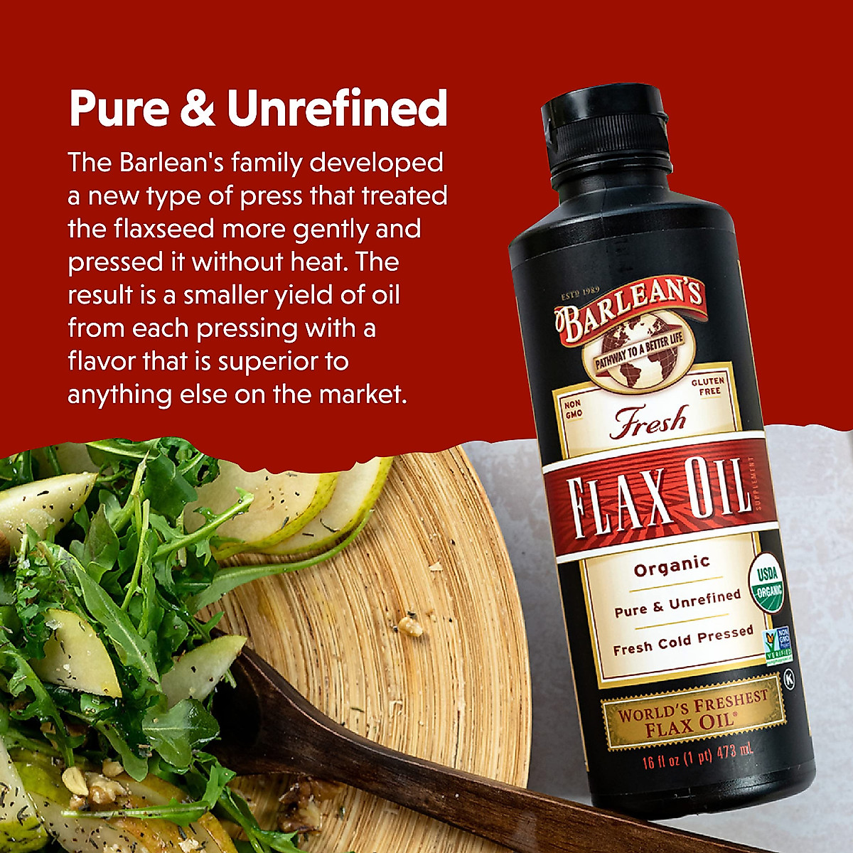 Barlean's Organic Flaxseed Oil Liquid, Cold Press Flax Seeds, 7,640mg ALA Omega 3 Fatty Acid Supplement for Healthy Hair, Skin, and Eyes, Vegan & Gluten Free, 12 oz