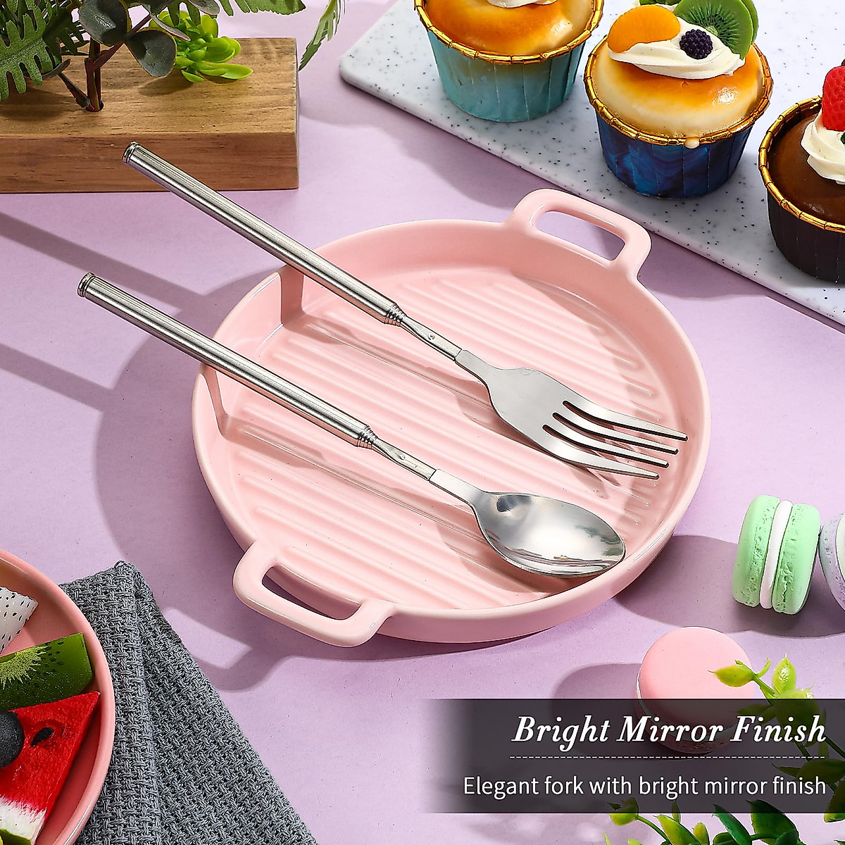 Geetery 2 Pcs Telescopic Spoon Fork Set Extendable Fork Spoon Stainless Steel Dinner Fork Extends to 25 Inch Anti Rust Fruit Dessert Long Handle Fork Spoon Cutlery Set for Barbecue Toasting Dinner