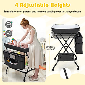 Costzon Baby Changing Table, Adjustable Height Portable Diaper Station w/Lockable Wheels, Safety Belt, Large Storage Rack & Bag, Folding Nursery Station for Infant Newborn (Black)