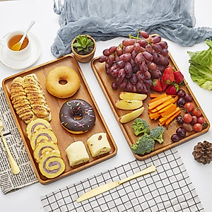 2 PCS Solid Acacia Wood Serving Trays Rectangular Wooden Serving Platters Natural Wooden Boards for Bar Coffee Party 13 * 9 inch