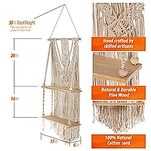 INOVA TYMES Macrame Wall Hanging Shelf 2 Tier - Boho Bedroom Decor | Macrame Wall Decor | Boho Shelf Decor, Hanging Shelves for Wall, Woven Rope Floating Wood Shelves & Storage for Small Plants Books