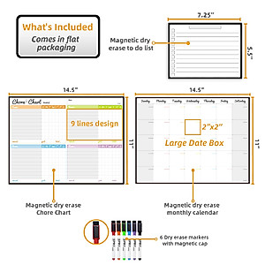 Magnetic Dry Erase Chore Chart and Calendar Bundle for Fridge - Chore Chart for Multiple Kids,Monthly Calendar,One Bonus to-do Whiteboard and 6 Extra Fine Tips Markers Included!