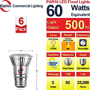 Explux LED PAR16 Long Neck Spotlight Bulbs, Dimmable, 60W Equivalent 500 Lumens, Classic Full Glass, 2700K Soft White, 6-Pack
