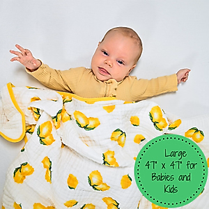 LollyBanks Muslin Baby Quilt, 100% Cotton Baby Blanket for Boys and Girls, Large 47 x 47 Inches Versatile Crib Blanket, 6 Layers Newborn Blanket, Durable Baby Bedding, Registry (Sunny Lemon Print)