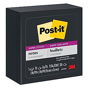 Post-it Super Sticky Notes, 3x3 in, 5 Pads, 2x the Sticking Power, Black (654-5SSSC)