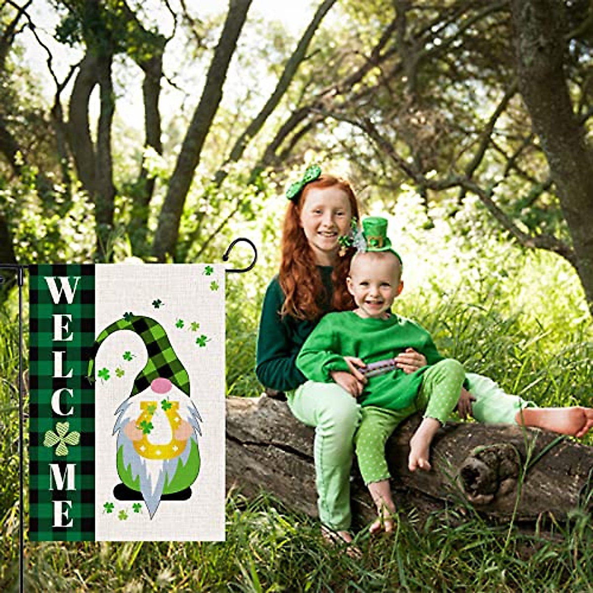 Welcome Gnomes Garden Flags, St Patrick's Day Buffalo Plaid Vertical Double Sized Burlap Flag for House Yard Outdoor Decor 12.5 x 18 Inch