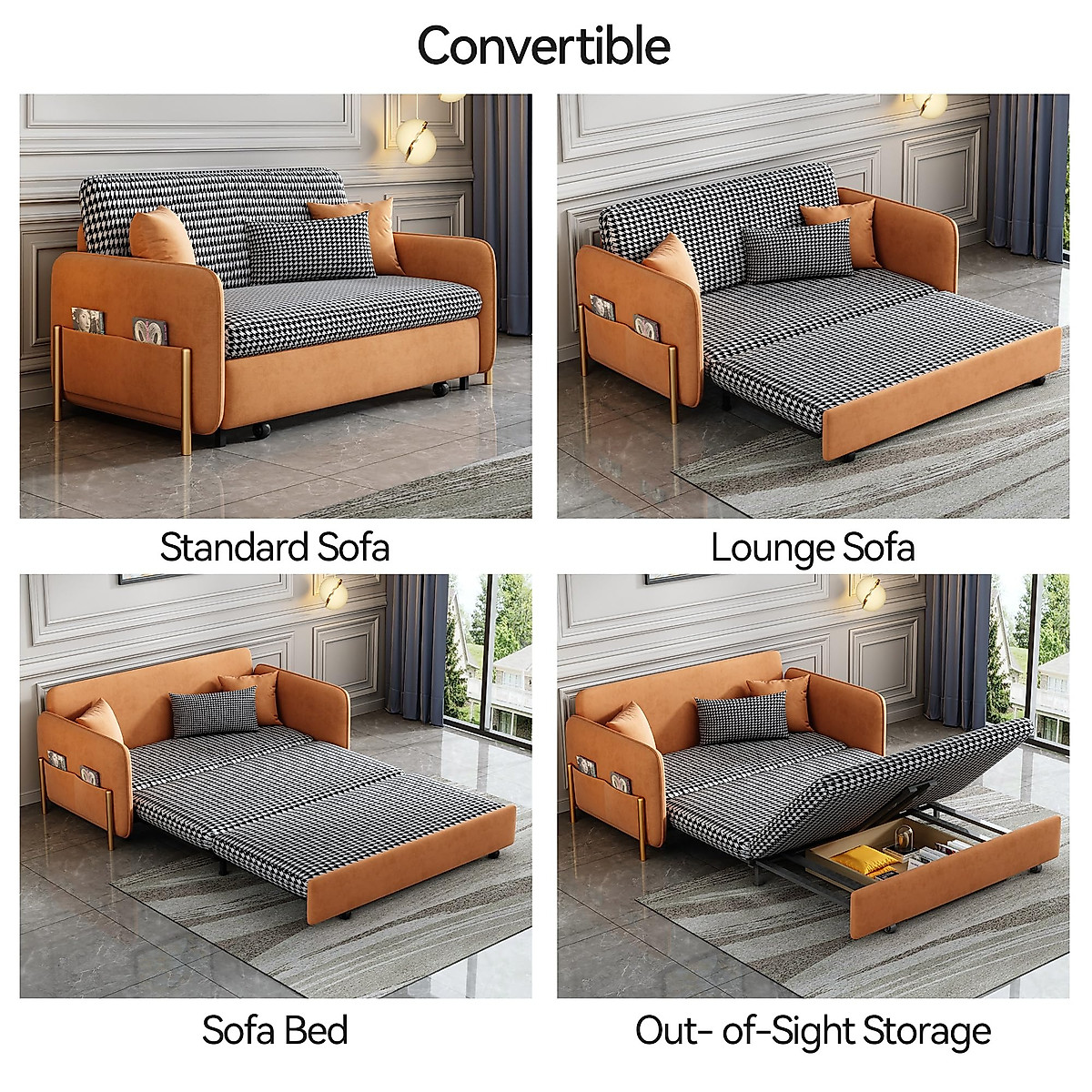 53.5" Full Sleeper Sofa Orange Upholstered Convertible Sofa Bed 3 in 1 Sleeper Sofa Couch Bed, Small Tufted Velvet Convertible Loveseat Futon Sofa w/Pullout Bed, Multi-Pockets for Living Room
