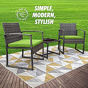 Pyramid Home Decor Black Wicker Furniture - 3 Piece Bistro Set for Outdoor Conversation - 2 Cushioned Rattan Chairs with Glass Coffee Table for Patio, Lawn, Porch, Lounge, Deck, Balcony & Living Room