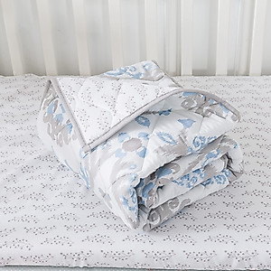 3-Piece Blue and Gray Crib Bedding Set for Girls and Boys. Standard Size Set Inlcudes Comforter, Neutral Crib Fitted Sheet, and Changing Pad Cover. Grey and Blue Damask Pattern