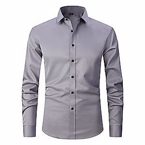 Men's Long Sleeve Button Down Shirts Solid Color Lightweight Slim Fit Shirts Classic Stylish Business Dress Shirt (Grey,39)