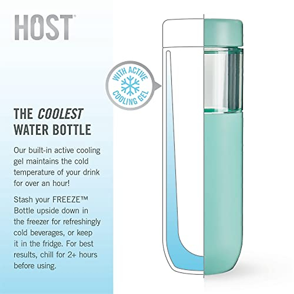 HOST Freeze Double Walled Insulated Water Bottle Freezer Tumbler with Active Cooling Gel Stainless Steel Lid and Silicone Grip, Set of 1 20 Oz Plastic Bottle, Mint