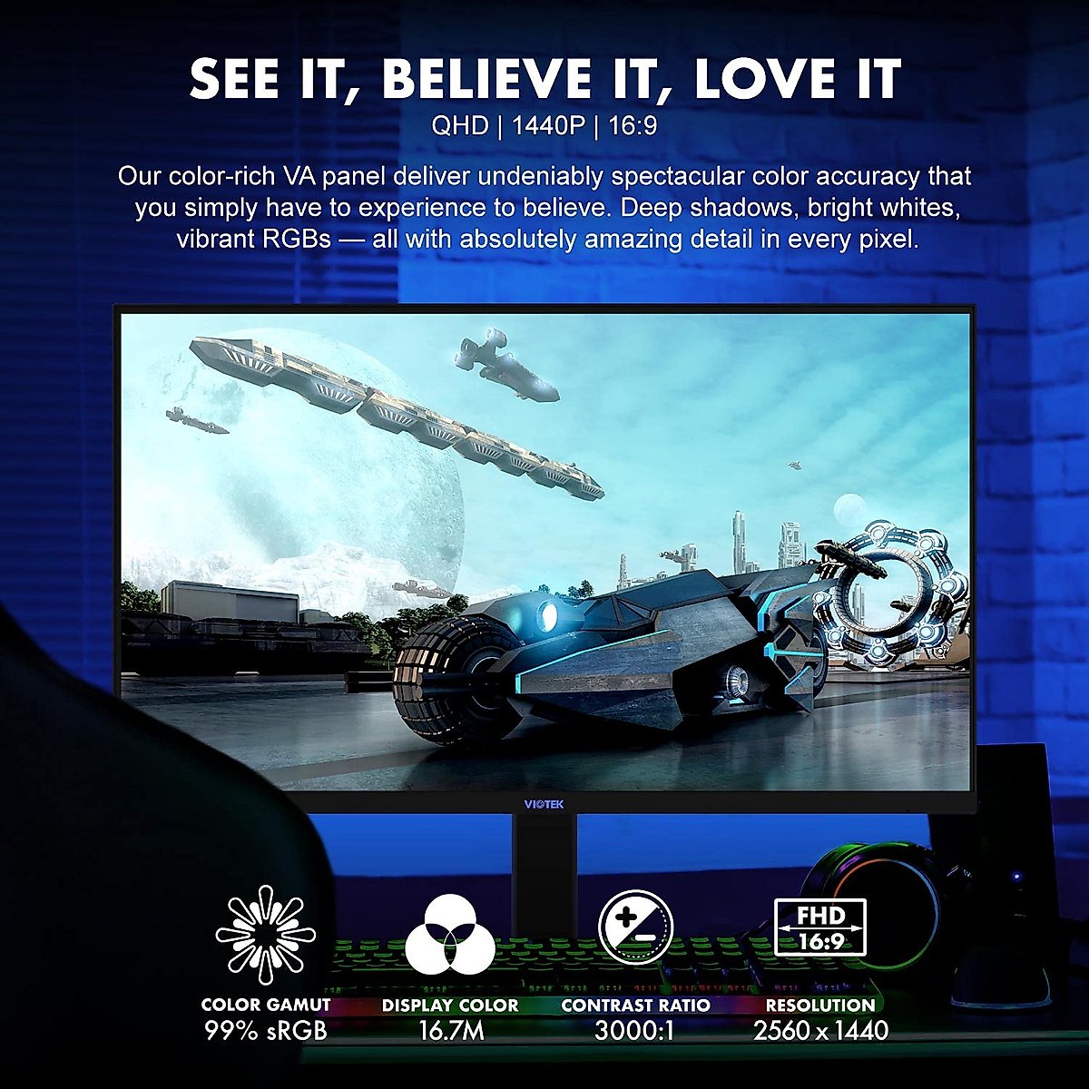 VIOTEK GFV27DAB 27” 165Hz QHD 1440p 1ms (MPRT) Gaming Monitor with Adjustable Stand, Portrait Rotation, HDR, Freesync, 99% sRGB Widescreen VA Panel, LED Backlight, 3-Years Zero Dead Pixels, VESA