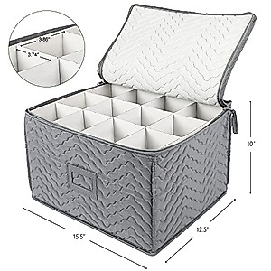 LotFancy Stemware Storage Containers, 2-Pack, Deluxe Quilted Storage Case with Dividers for 24 - Wine Glasses, Champagne Flutes, Glassware, Drinkware Storage Box Chest, 15.5”x12.5”x 10”, Gray