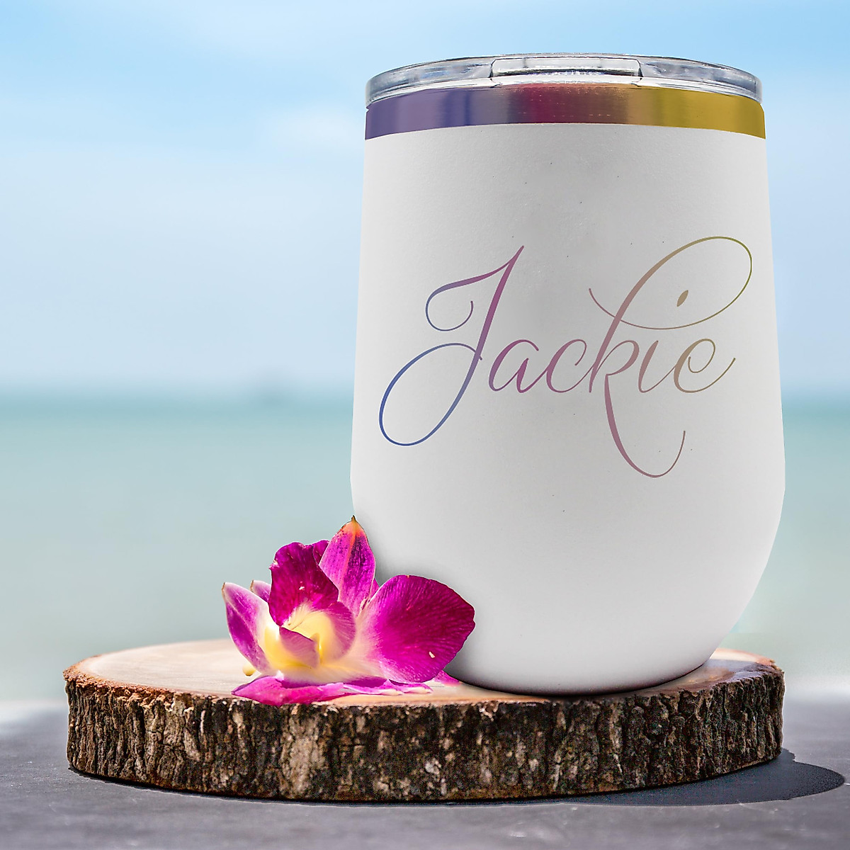 Personalized 12 oz Insulated Stemless Wine Tumbler - Custom Engraved and Monogrammed (White with Prism)