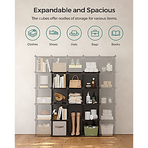 SONGMICS Cube Storage Organizer, Set of 16 Plastic Cubes, Book Shelf, Closet Organizers and Storage, Room Organization, Bedroom Living Room, 12.2 x 48.4 x 48.4 Inches, Gray ULPC442G01
