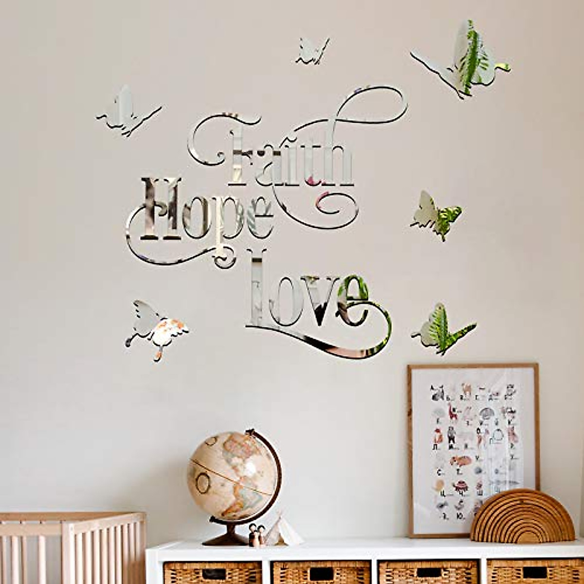 Faith Hope Love 3D Acrylic Mirror Wall Stickers, HOLENGS 3D Butterfly Mirror Surface Peel and Stick Removable Motivational Letter Wall Decals, Crystal DIY Wall Decor for Home Living Room Bedroom