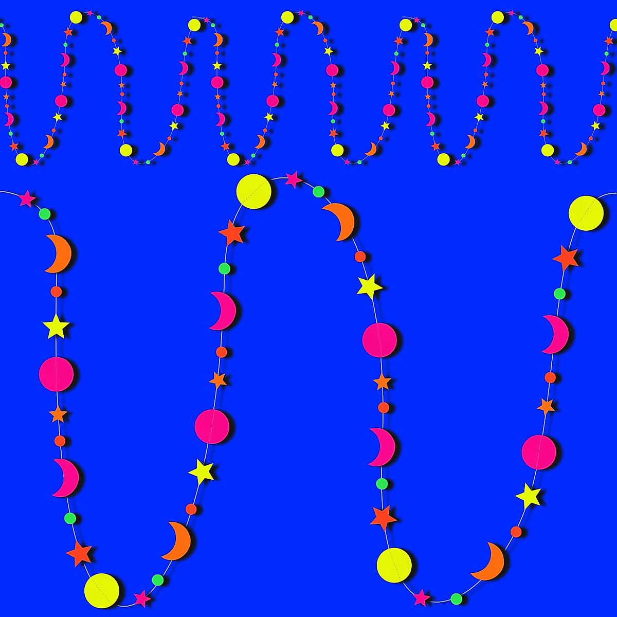 90ft Neon Fluorescent Party Hanging Decoration Glow in The Dark Party Supplies Garlands Stars Moon Dot Garland for Birthday Wedding Neon Party Background Decoration Supplies