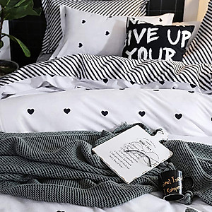 Omelas Kids Heart Love Twin Duvet Cover Set Black and White Teens Girls Lovely Heart-Shaped Pattern Striped Reversible Bedding Soft Breathable Quality Brushed Microfiber (3 Pcs,XD,T)