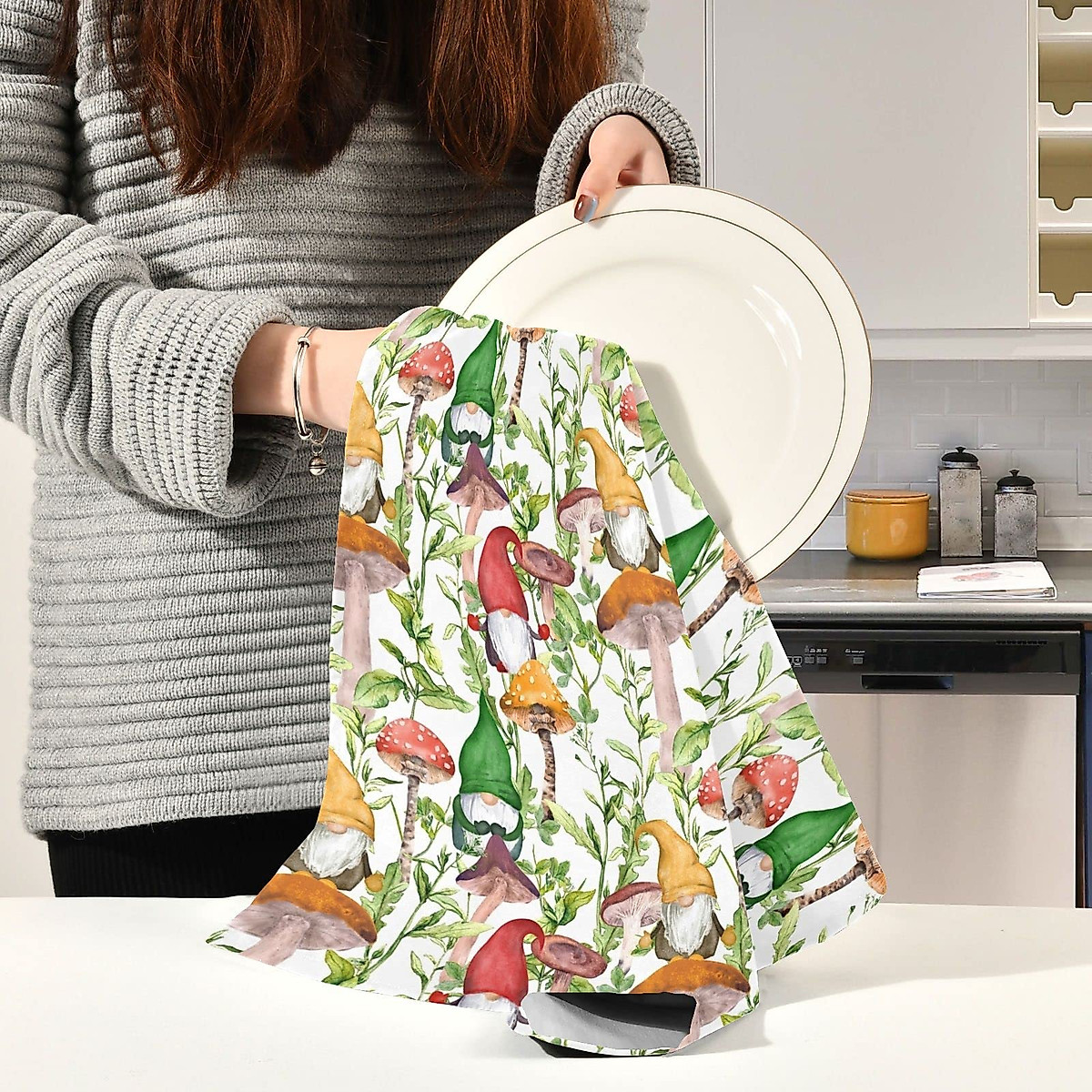 Kigai Mushroom Gnomes Kitchen Towels Set of 4, Ultra Soft Absorbent Dish Towels Bathroom Hand Towels Reusable Cleaning Cloths Tea Towels 28 x 18 Inch