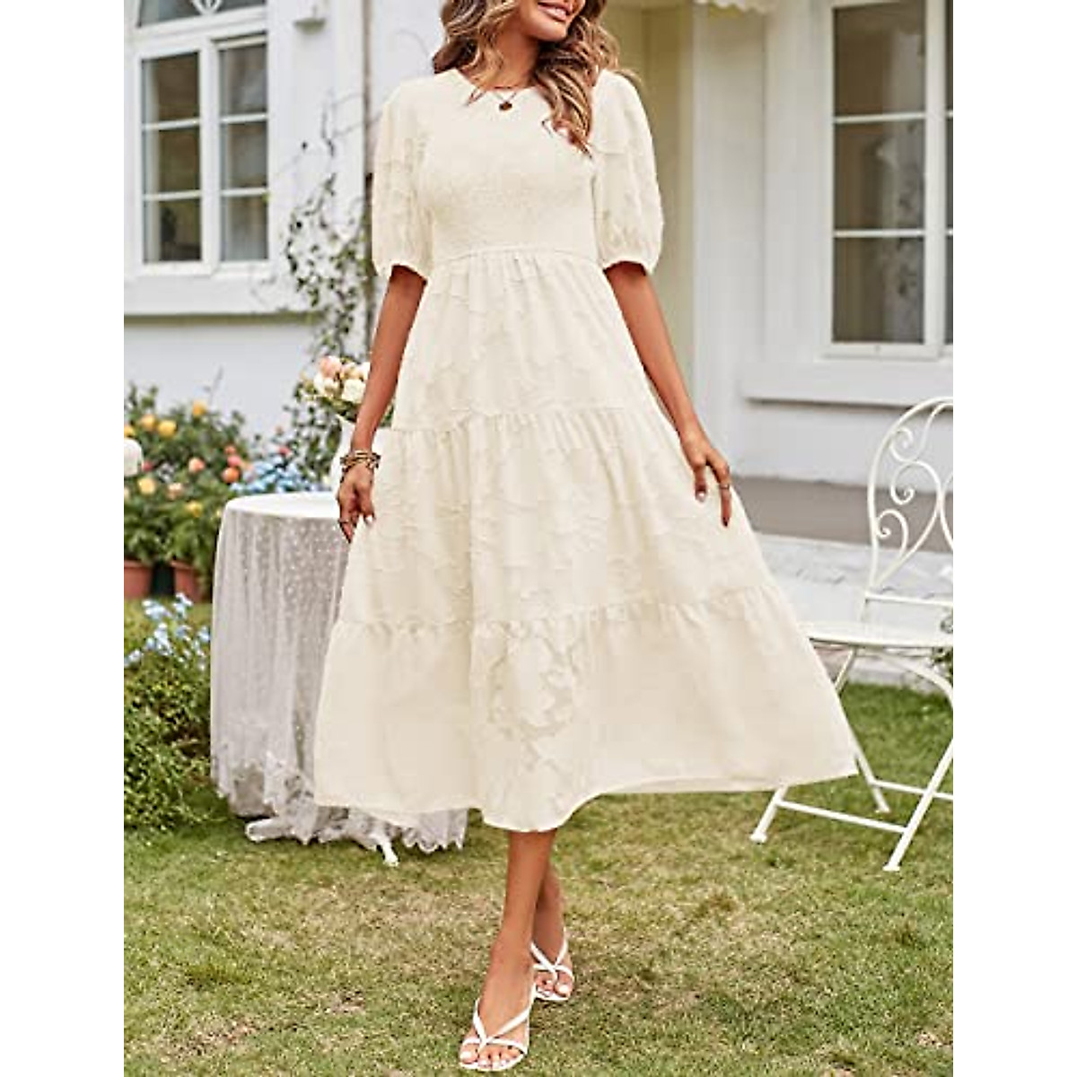 MEROKEETY Women's 2025 Casual Short Sleeve Smocked Dress Round Neck High Waist Ruffle Party Dresses,Beige,XXL