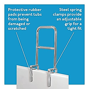 Carex Tri-Grip Bathtub Rail with Chrome Finish - Bathtub Grab Bar Safety Bar For Seniors and Handicap - For Assistance Getting In and Out of Tub, Easy to Install on Most Tubs,Silver