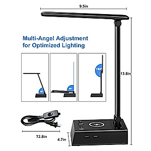 LED Desk Lamp with 15W Wireless Charger, 2 USB Charging Ports, 2 Outlets, 3 Brightness Levels, Alarm Clock, Dimmable Eye Caring Reading Desk Light for Home Office dorm, Touch Control Table Lamp, Black