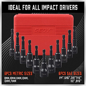 12-Piece Magnetic Nut Driver Set - Premium Impact Power Hex Nut Driver Drill Bit Master Kit, SAE & Metric, 1/4-Inch Quick-Change