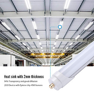 TRLIFE 8FT LED Tube Light, T8 8FT LED Bulbs 45W 6000K Cool White FA8 Base LED Tube Lights, Fluorescent Light Bulbs Replacement, Frosted Cover, 5400Lumens, Dual-End Powered (12 Pack)