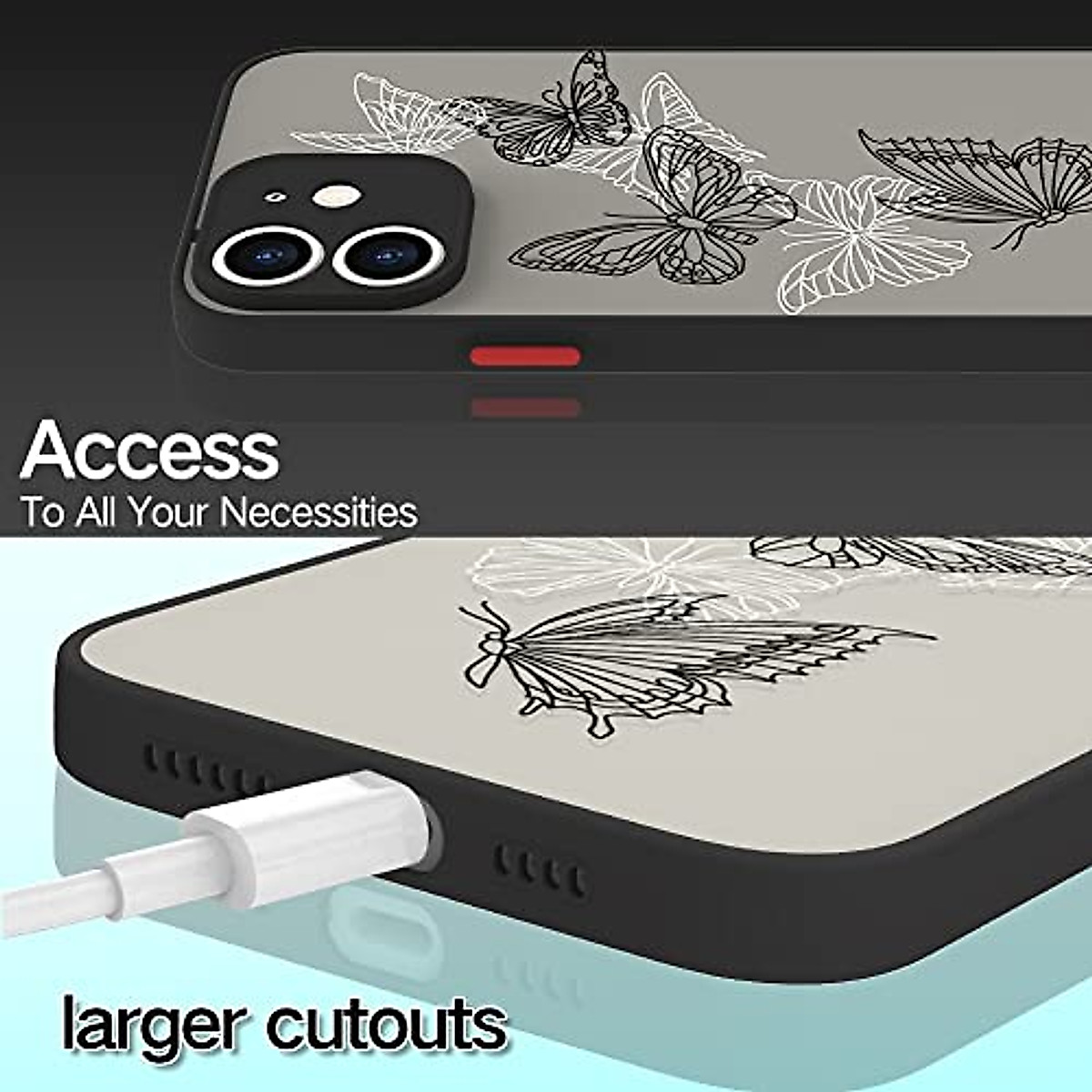LSL Compatible iPhone 12 Black and White Butterfly Case, Translucent Matte Soft TPU Bumper Case Cute Black and White Butterfly Print Pattern Design Hard PC Back Clear Case 6.1 Inch