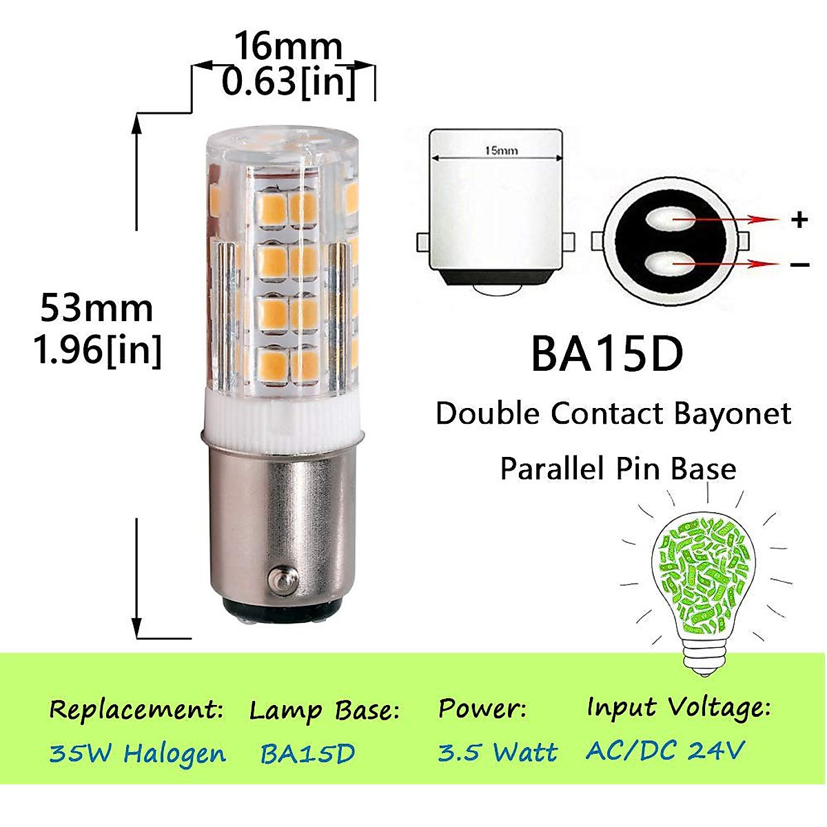 LED BA15D Corn Bulb, Ba15d Double Contact Bayonet Base, 5w 50W Equivalent 120 Volts, Dimmable 500lumens（2 Pack)