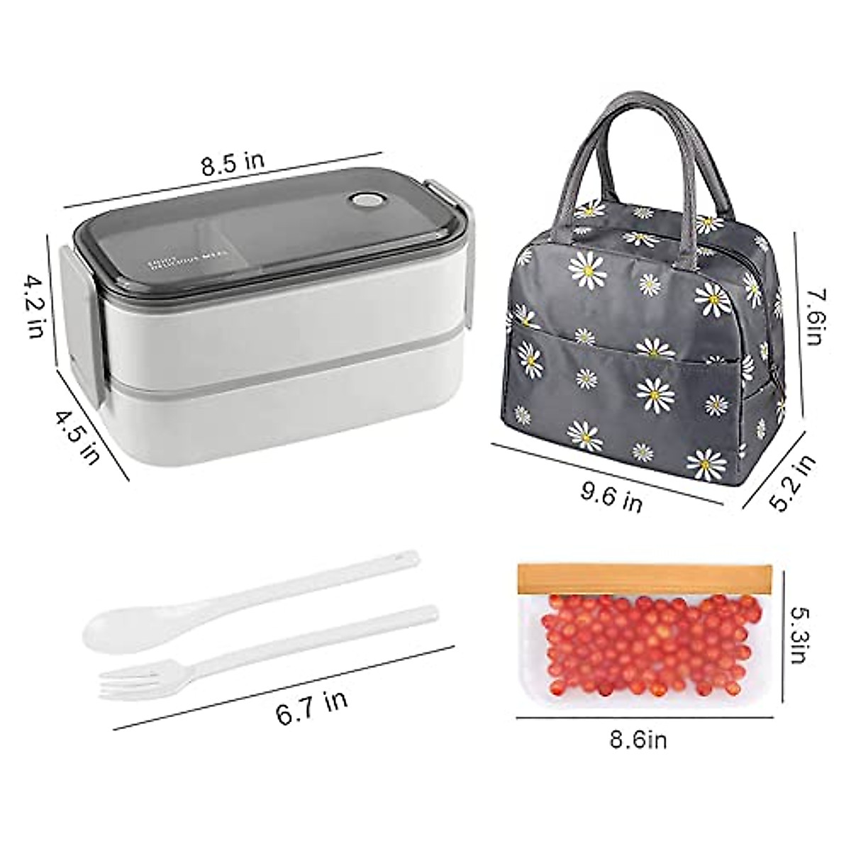 NatraProw Bento Box For Adult, Leakproof Adult Lunch Box Kit With Detachable Divider, Lunch Bag, Snack Bag, Stackable Adult Microwave Safe Bento Box Lunch Container(White)