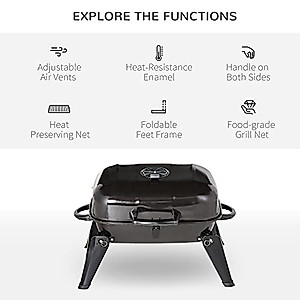 Outsunny 14'' Iron Tabletop Charcoal Grill with Portable Anti-Scalding Handle Design, Folding Legs for Outdoor BBQ for Poolside, Backyard, Garden