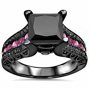 Princess & Round Cut Black Diamond & Pink Sapphire 14K Black Gold Plated 925 Sterling Silver Gothic Classic Black Bridal Set For Women's. (8)