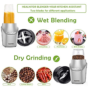 1000W Large Natural Bullet Blender for Shakes and Smoothies, Healnitor Countertop Mixer with Blending and Grinding Blades for Kitchen, Tritan 32+15 Oz Travel Bottles for Fruits, Coffee, Silver