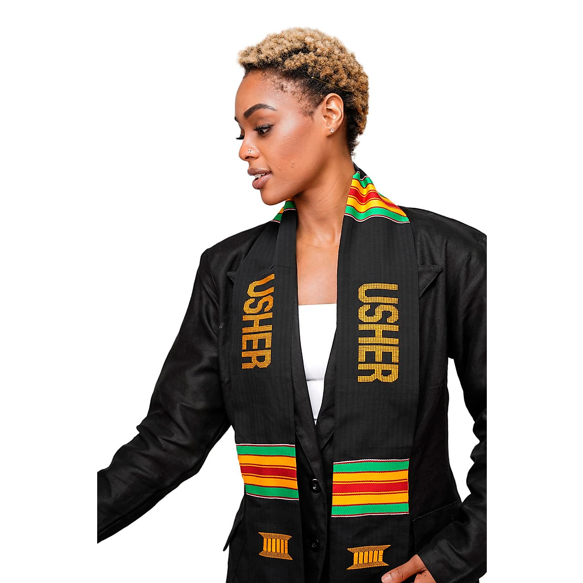 Dupsie's Usher Hand-woven Kente Cloth Stole/Sash. Black
