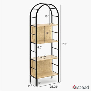 4 Tiered Arched Bookshelf with Natural Rattan Backing - Modern Home Decor - Boho Rattan Bookshelf - Arched Bookcase - Wooden Open Arched Cabinet with Shelves - Metal and Wood Bookshelf (Light Oak)