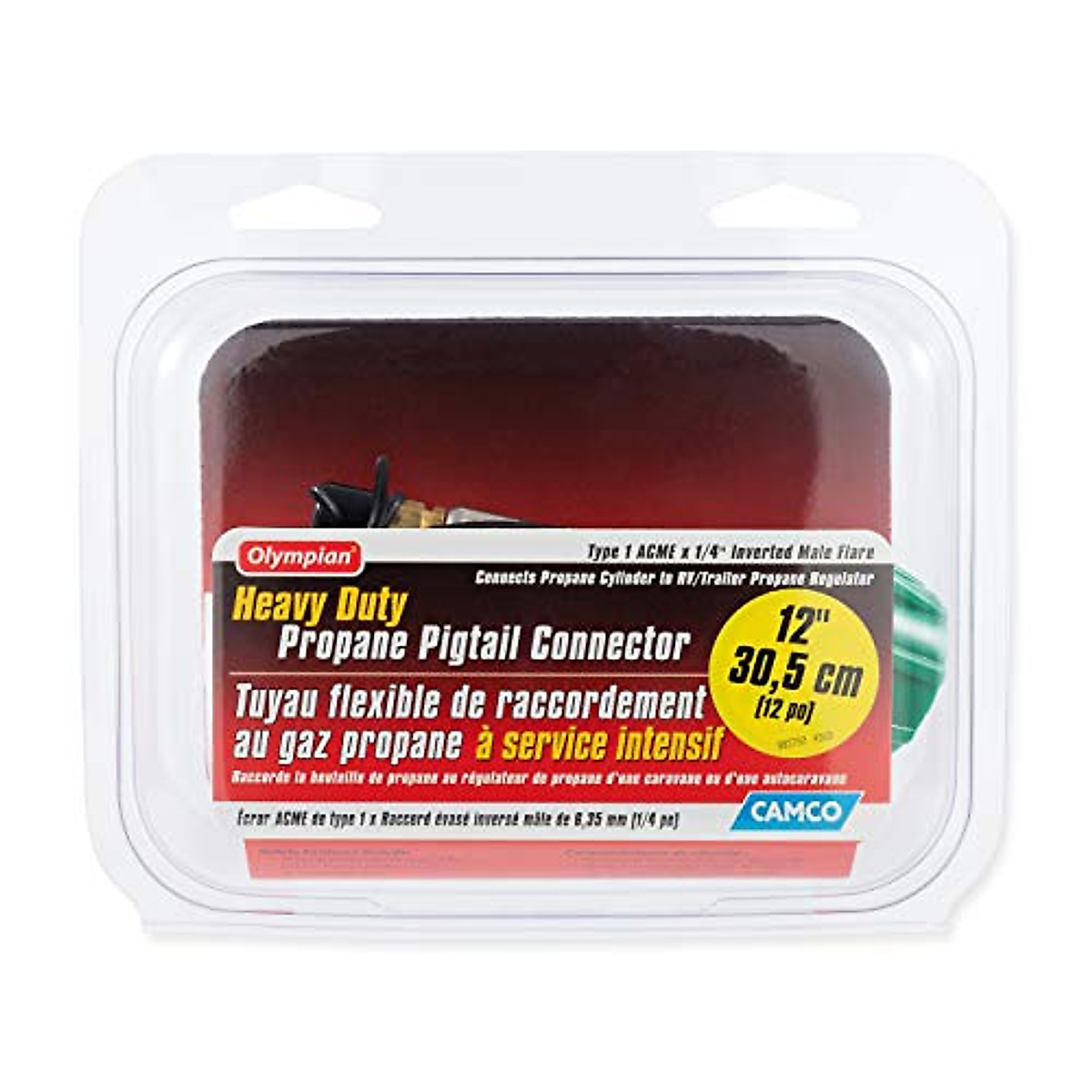 Camco Pigtail Propane Hose Connector | Designed to Connect to an RV or Trailer Propane Regulator | Safety Features Include Thermal Protection and Excess Flow Protection | 12-inch (59053), Black and green