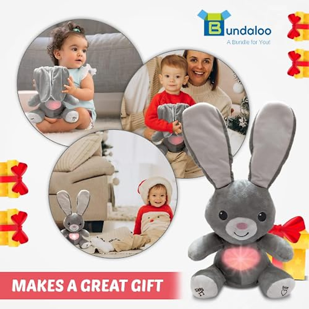 Bundaloo Plush Peek-A-Boo Bunny Animated Singing Play Along Stuffed Animal for Kids - Plays Games and Sings Songs (Peek-A-Boo Bunny)