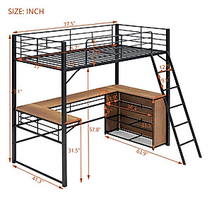 Twin Size Metal Loft Bed with L-Shaped Desk,Heavy Duty Metal Loft Bed with 3 Tier Shelves for Kids Teens Adults,High Loft Bed Frame, Space Saving(Twin,Black)