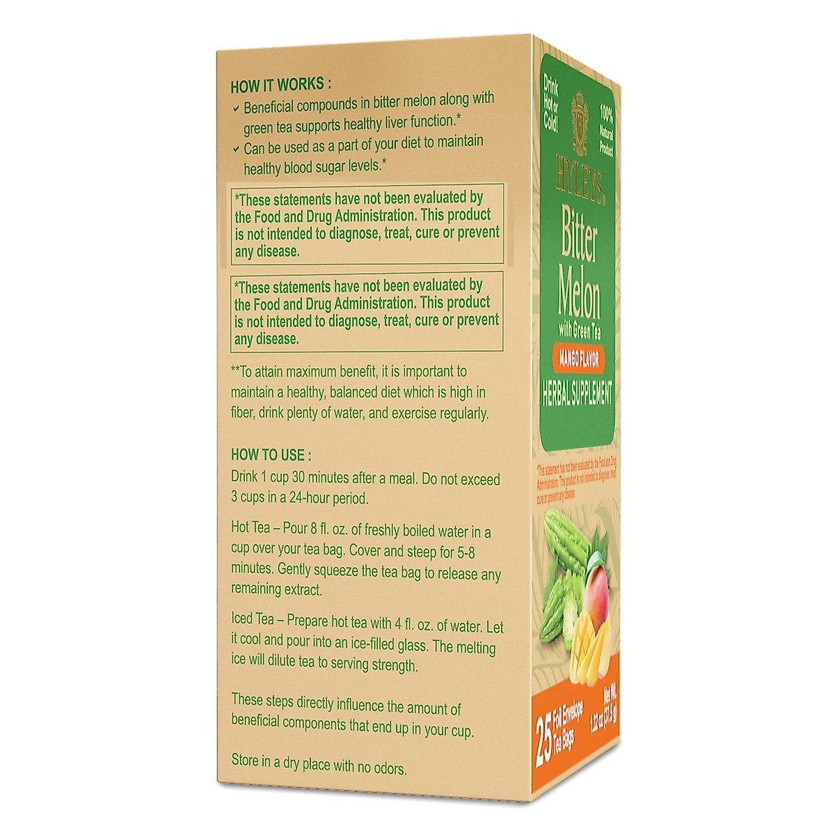 Hyleys Bitter Melon with Green Tea - Mango Flavor - 25 Tea Bags - Supports Healthy Liver Function - Herbal Supplement