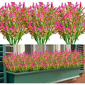 AUMVEYI 4 Bundles Artificial Lavender Mums Flowers Outdoor Fake Plants UV Resistant Faux Greenery Plastic Bouquet Bulk Decoration for Home Outside Garden Porch Hanging Planter Farmhouse Decor (Pink)