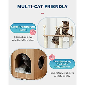 Made4Pets Modern Cat Tree for Large Cat, Wood Cat Tower Heavy Duty with Scratch Post for Indoor Big Cats, 51" Extra Tall Cat Condo Sturdy Frisco Castle with Clear Bowl for Kittens Maine Coon 20Lbs