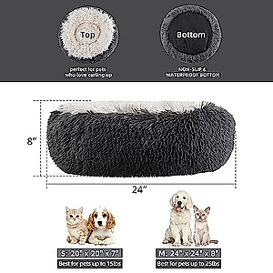 Something Different Calming Dog & Cat Bed, Anti-Anxiety Donut Cuddler Warming Cozy Soft Round Bed, Fluffy Faux Fur Plush Cushion Bed for Small Medium Dogs and Cats,24”,Dark Grey