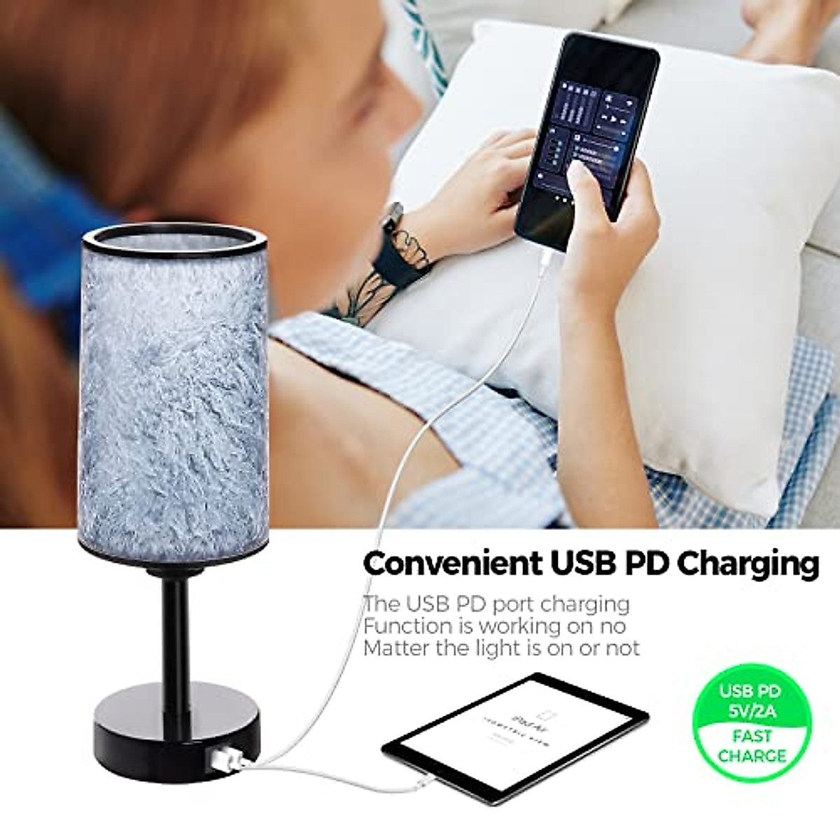 JASMINER Grey Bedside Lamp Table Hard Resin Touch Control Lamp with USB C&A Charging Ports Marble Texture Small Nightstand for Livingroom Bedroom Read Office Work