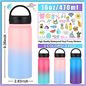 3 Pcs Kids Lovely Insulated Water Bottles Girls Boys Insulated Cups with Leakproof Lid and Cute Stickers for Valentines School Classroom Exchange Rewards Game Prizes Gifts(Gradient Color, 16oz)