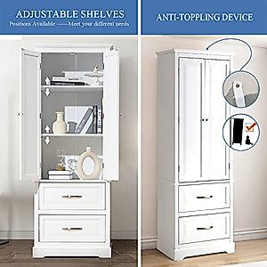 Erinnyees Freestanding Pantry, Floor Utility Storage Cabinet with Doors and Shelves, Pantry Cabinets Cupboard for Living Room Kitchen Hallway Bathroom, White