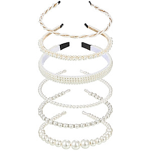 Geosar 6 Pieces Pearl Headband Girls White Bling Faux Pearl Rhinestones Hairband Bridal Headband Wedding Hair Accessories for Women Girls Bridal Bridesmaid