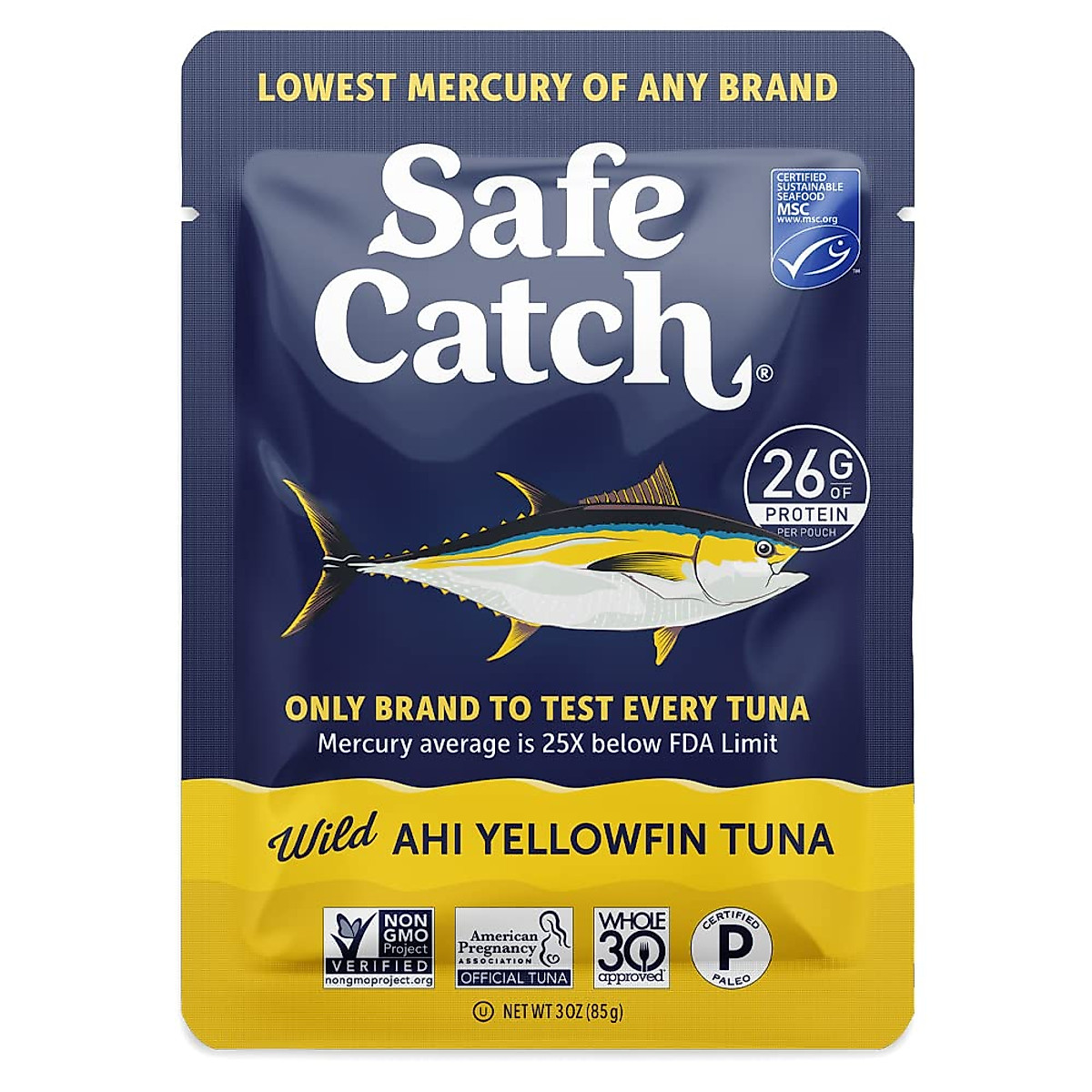 Safe Catch Wild Ahi Yellowfin Tuna Fish Pouches, Wild Caught, Lowest Mercury, Lean Protein, Omega 3, Gluten-Free, Kosher, Pack of 12