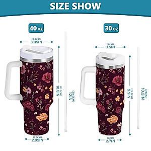 linqin Pink Flowers Peonies Burgundy Vacuum Tumbler Insulated Leak-proof Lid and Straw 40 oz Stainless Steel Water Bottle Reusable Office Mug for School, Daycare, Camp