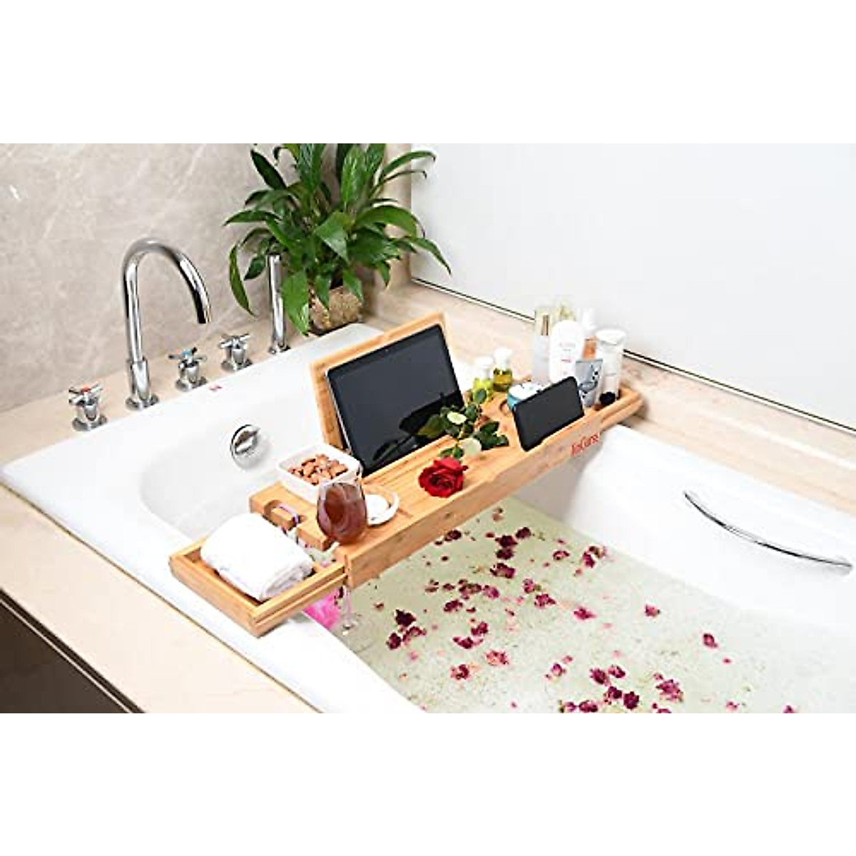 JinGarss Bamboo Bathtub Tray Caddy Bath Tub Tray Bridge Shower Shelves Organizer Tray 20-37 inch Expandable Rack Laptop Tray Caddy Bath Table with Wineglass Holder